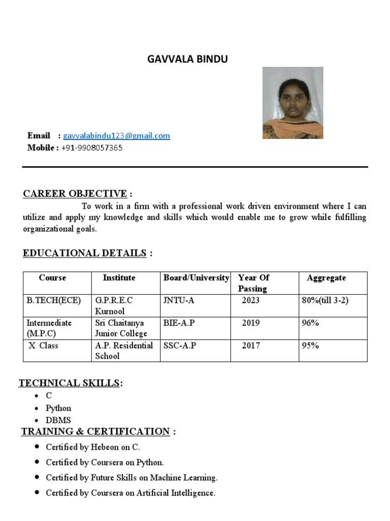 Bindu Resume | PDF | Cognition | Cognitive Science