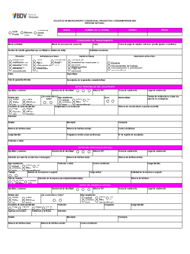 Solicitud Microcredito, Credisocial Productivo, CrediEmprendeBDV | PDF ...