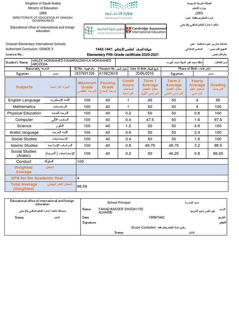 1442-1441 Elementary Fifth Grade Certificate 2020-2021 | PDF
