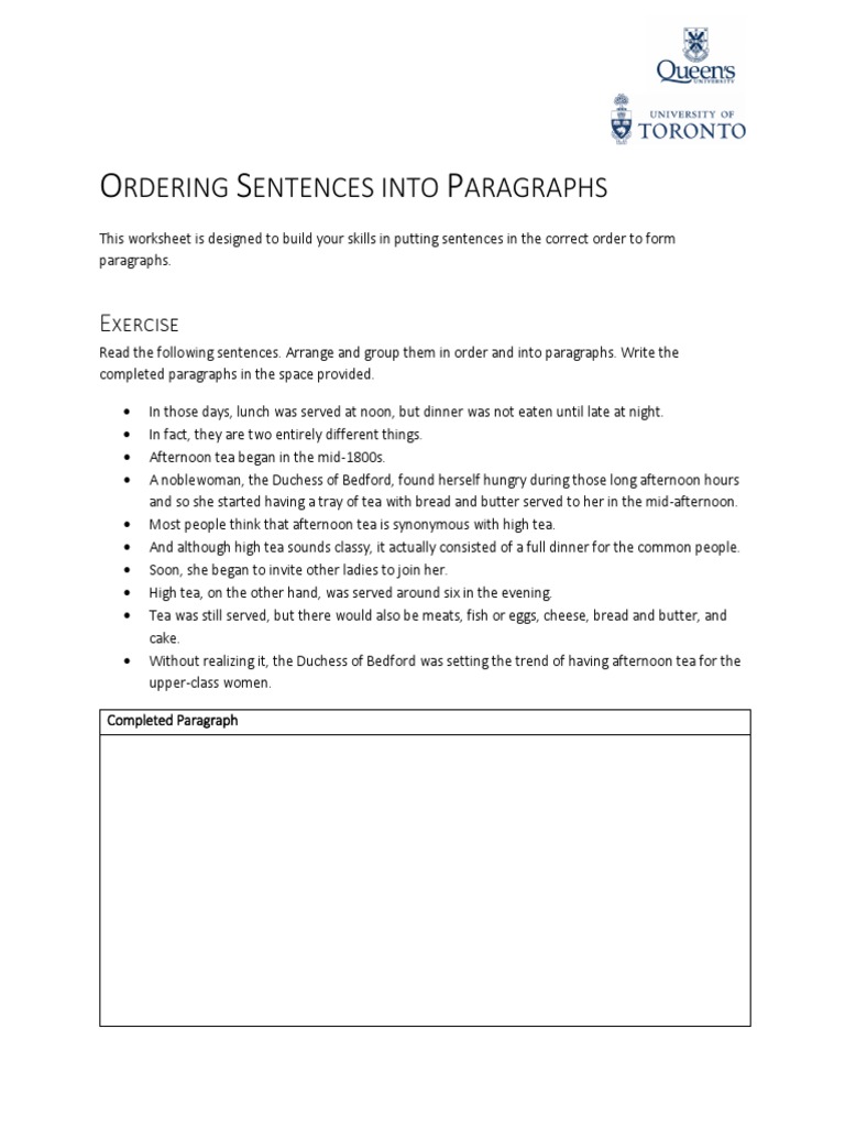 Sentence Ordering Exercise | PDF