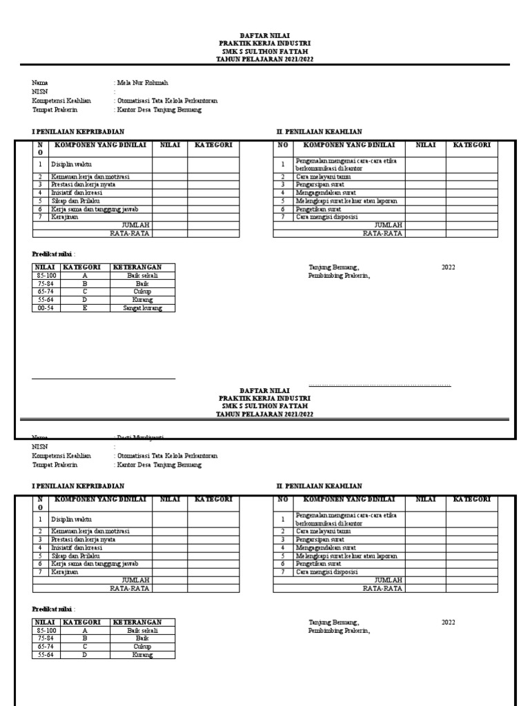 Daftar Nilai Prakerin | PDF