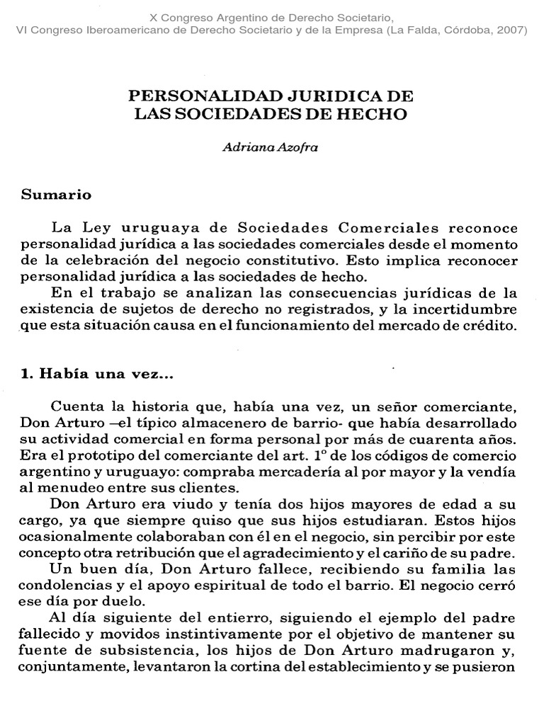 Lectura No.1 Personalidad Juridica de Las Sociedades de Hecho. | PDF | Sociedad de ...