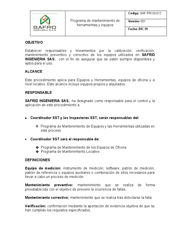 SAF-PROG-012 Programa de Mantenimiento de Herramientas y Equipos | PDF | Medición | Calibración