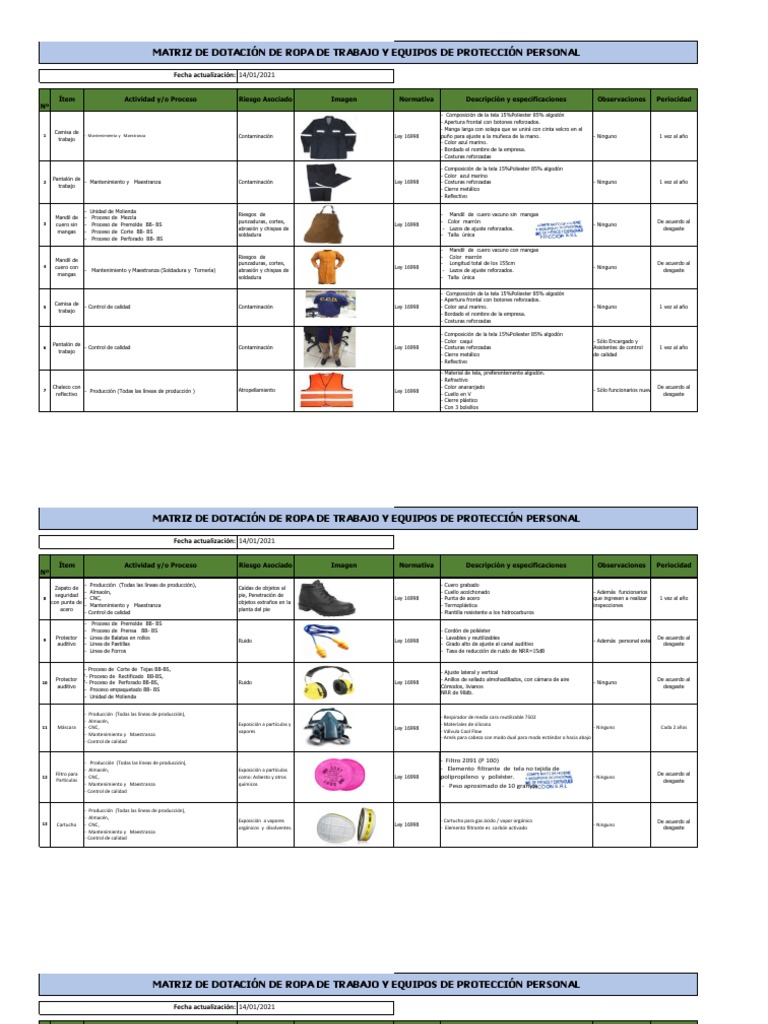 8.1. Matriz de Dotación y Especificaciones de EPP y Ropa de Trabajo | Descargar gratis PDF ...