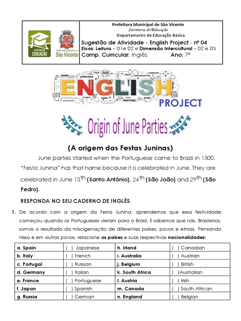 7ano - June Parties English Project | PDF