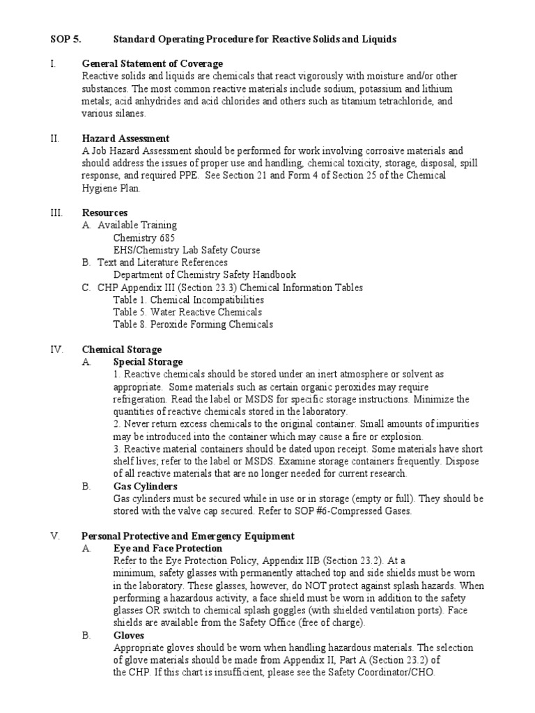 SOP 5-Reactive Solids and Liquids | PDF | Laboratories | Personal ...