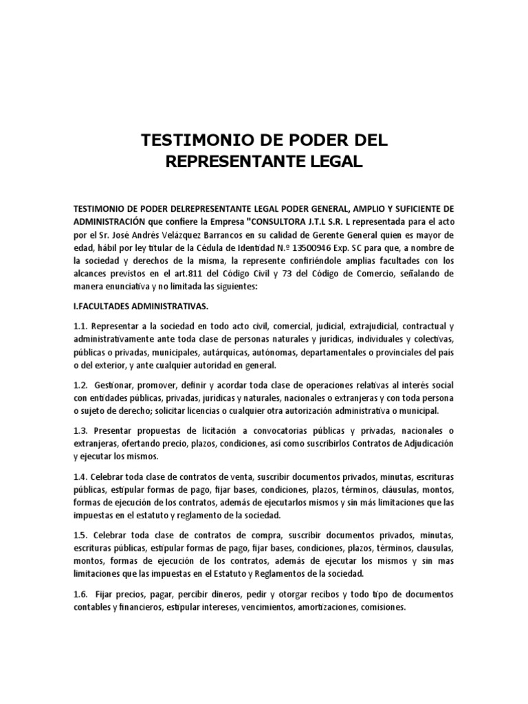 Testimonio de Poder Del Representante Legal | PDF | Bancos | Cheque