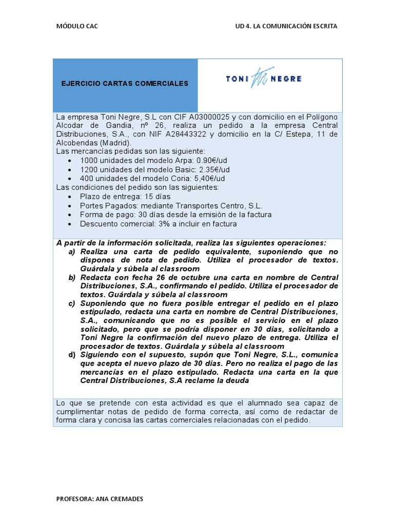 Ejercicio Cartas Comerciales | PDF