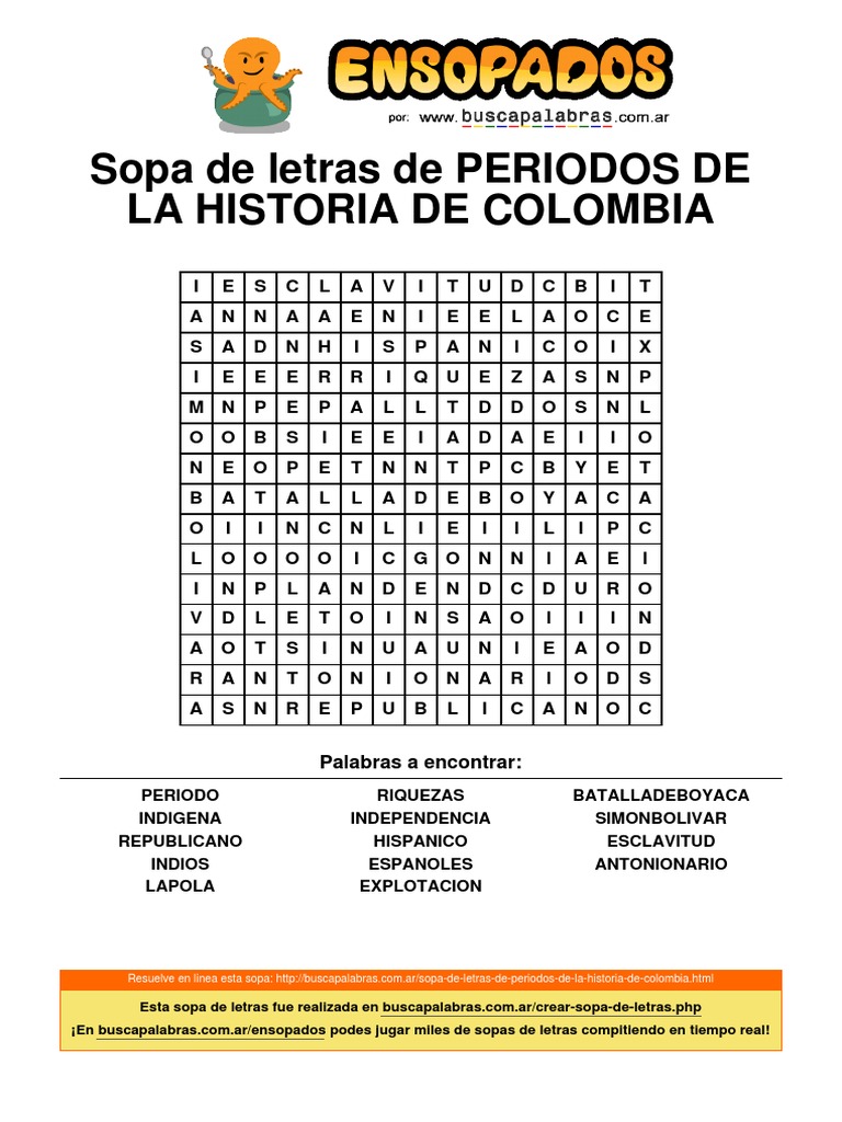 Sopa de Letras de Periodos de La Historia de Colombia | PDF