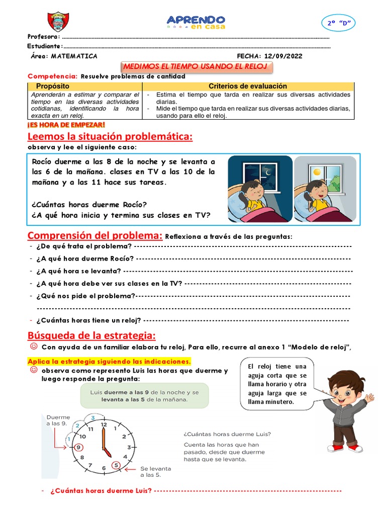 LA HORA Ficha de Matemática - 12 Set | PDF | Reloj | Cognición