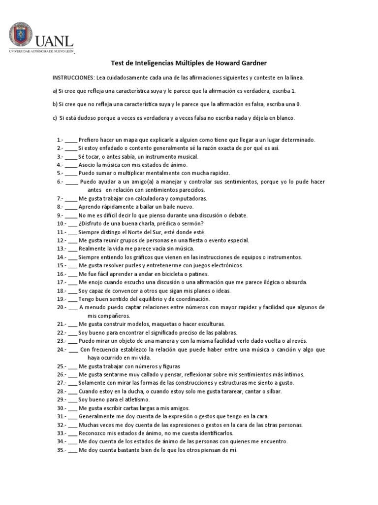 Test Inteligencia Multiples Howard Gardner | PDF | Inteligencia | Cognición