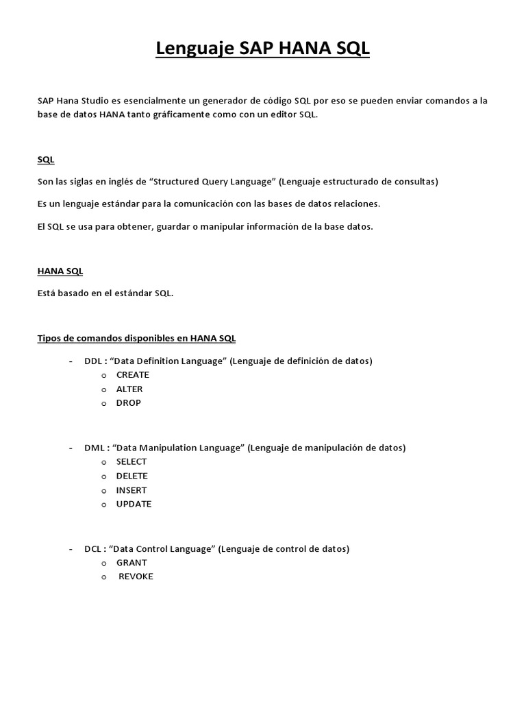 Lenguaje SAP HANA SQL | PDF | SQL | Ingeniería de software