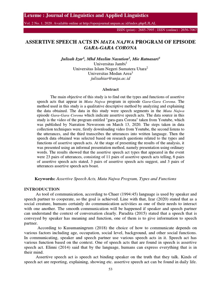 Assertive Speech Acts in Mata Najwa Program of Episode Gara-Gara Corona ...