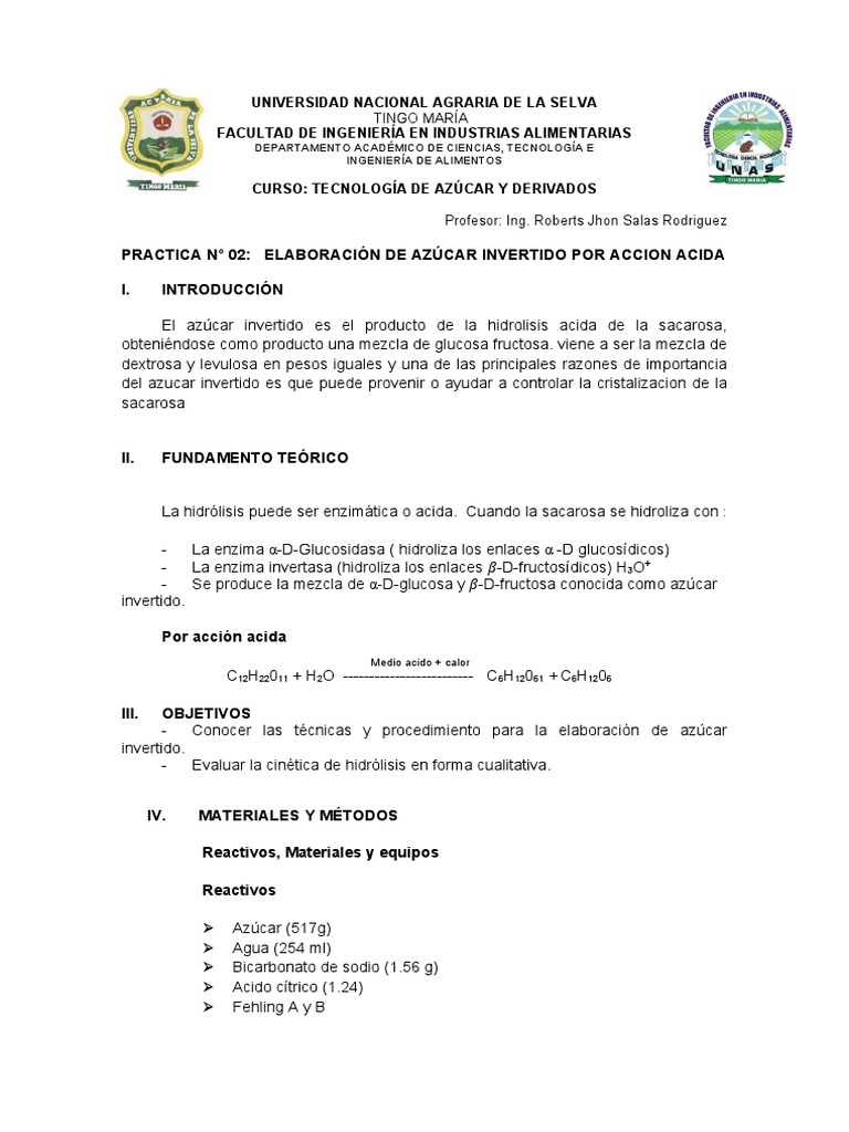 Producción y caracterización de azúcar invertido mediante hidrólisis ...