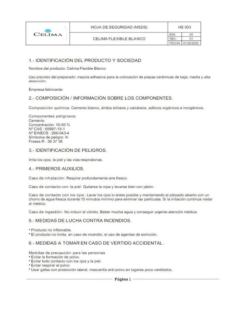 Msds Pegamento Extrafuerte Celima | PDF