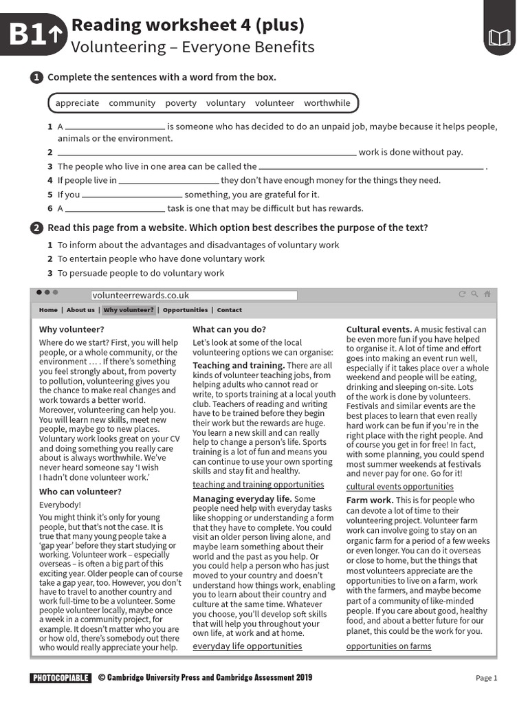 B1 Peliminary Reading Worksheet 4 | PDF | Volunteering | Worksheet