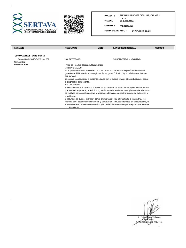 Resultado Negativo PCR SARS-CoV-2 | PDF | Ciencias de la vida | Medicina