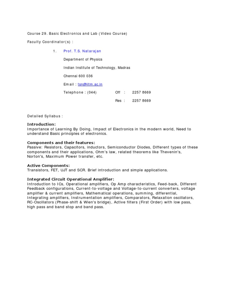 Course 29. Basic Electronics and Lab (Video Course) Faculty Coordinator ...