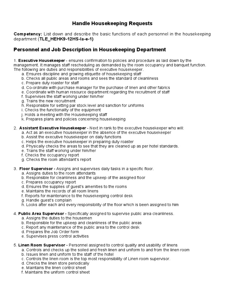 Handle Housekeeping Requests (Wee 2) YR 2022 | PDF | Housekeeping