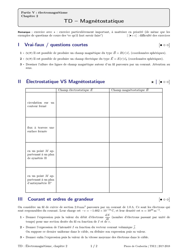 TD de Magnétostatique et Exercices Corrigés | PDF | Champ magnétique ...