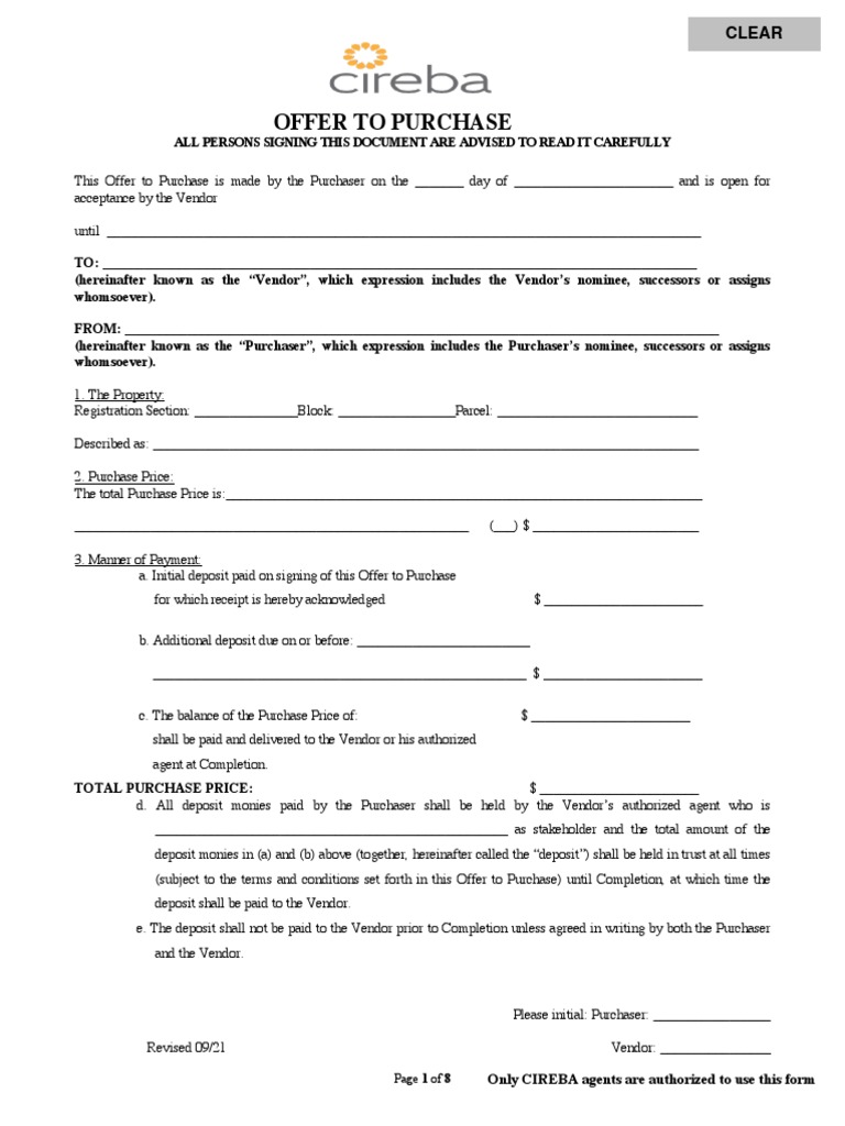 CIREBA Offer to Purchase Agreement | PDF | Property | Leasehold Estate
