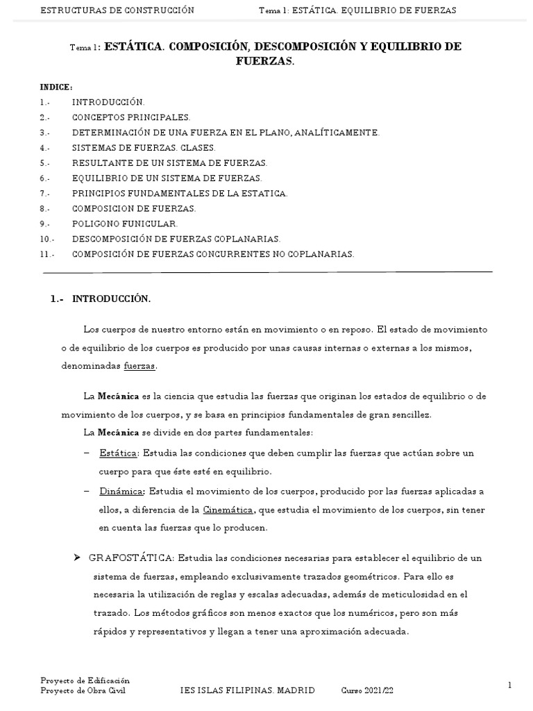 Tema 1. ESTATICA. EQUILIBRIO DE FUERZAS | PDF | Fuerza | Vector Euclidiano
