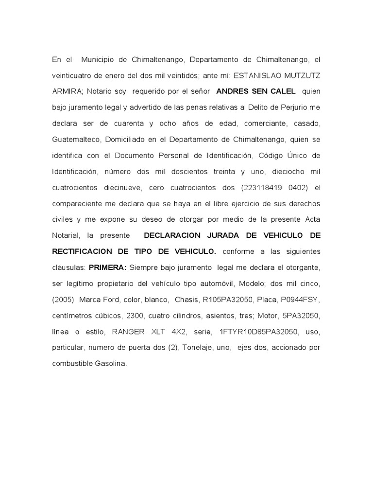 Declaracion Jurada Imagenes/ejemplo De Declaracion Jurada Para Un Vehiculo