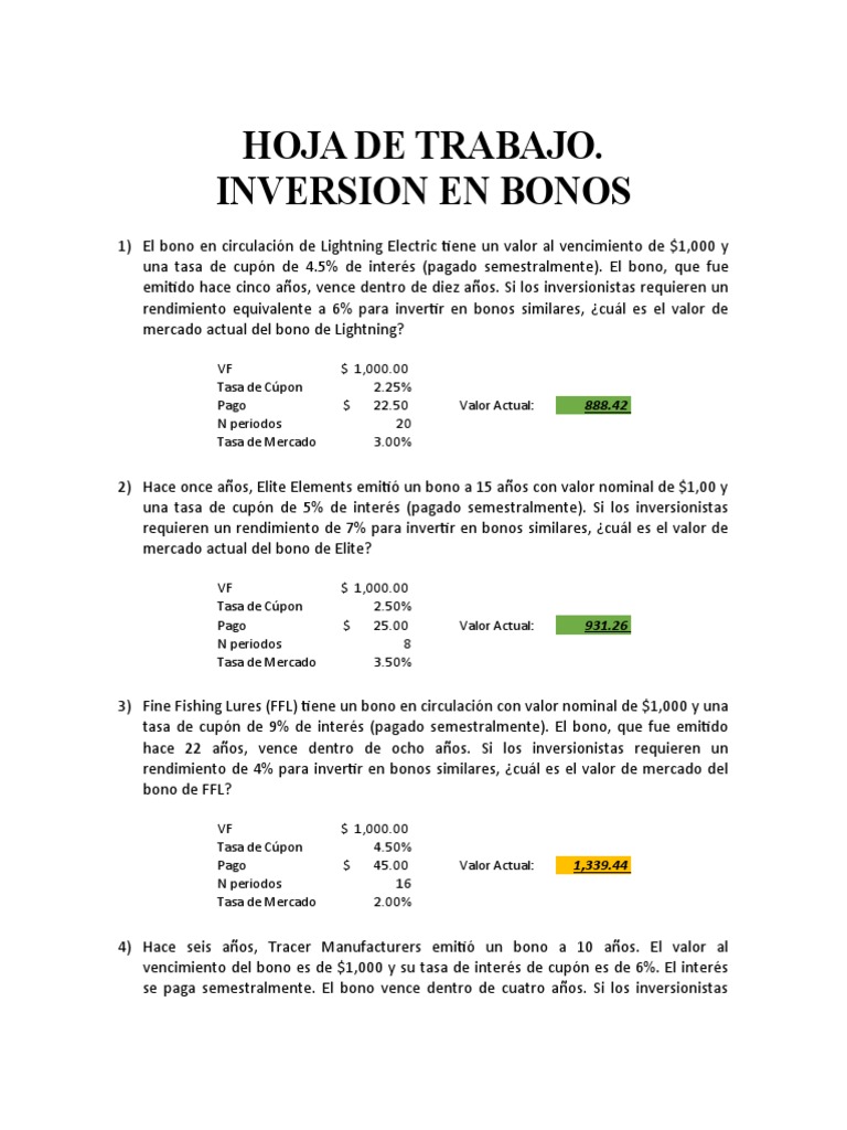 Hoja de Trabajo. Inversion en Bonos | PDF | Bonos (Finanzas ...