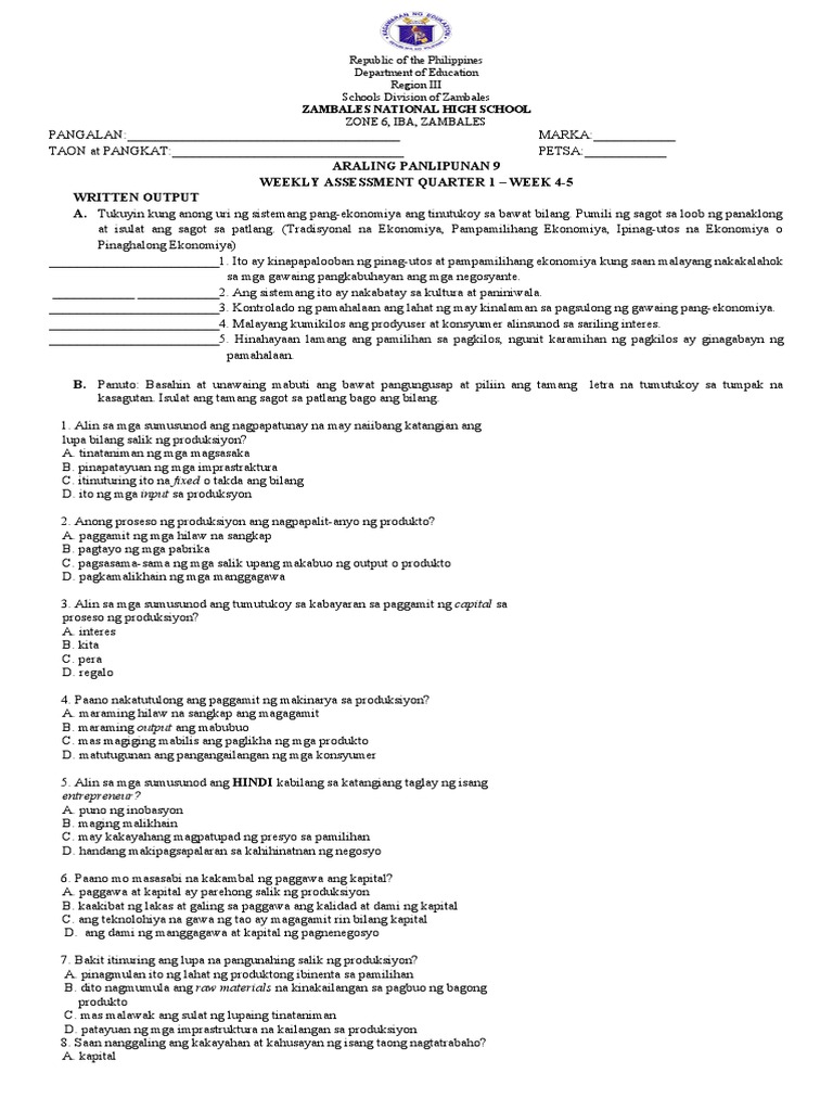 AP9 Summative Q1 Wk4-5 | PDF
