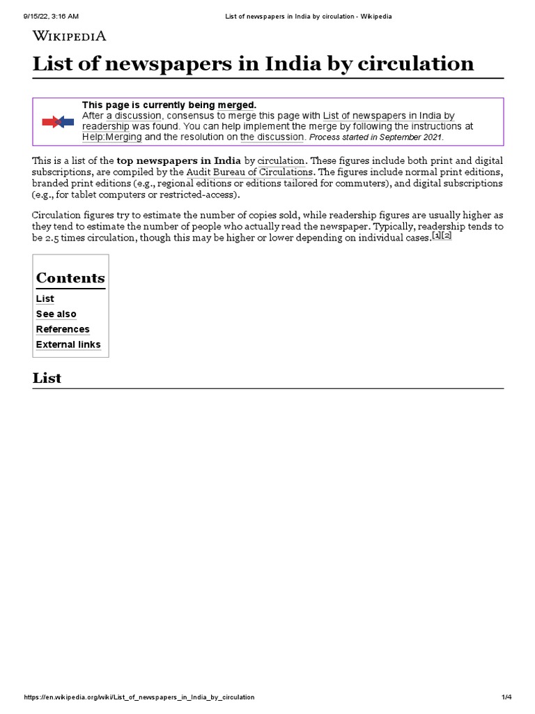 List of Newspapers in India by Circulation - Wikipedia | PDF ...