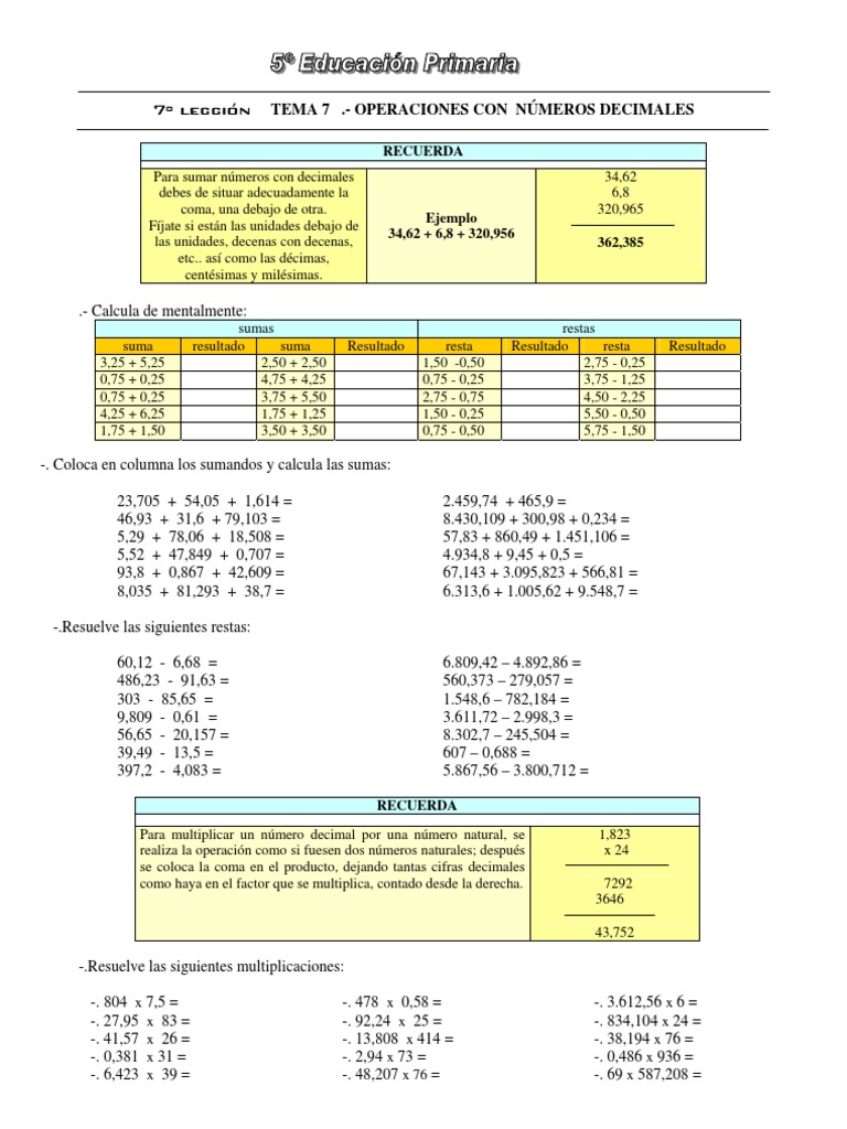 Operaciones Con Números Decimales | PDF | Aritmética | Matemática Elemental