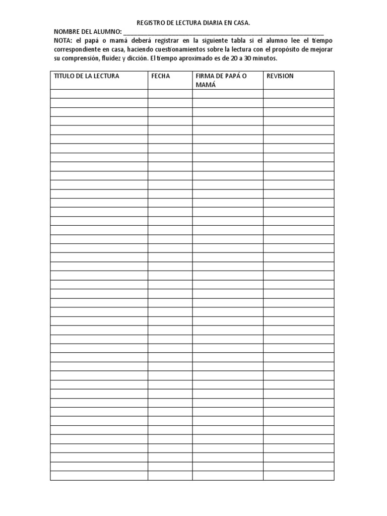 Registro de Lectura Diaria en Casa | PDF