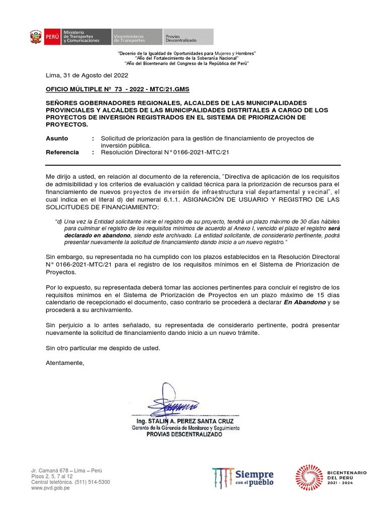 Oficio Multiple 73 2022 Gms Pdf Perú