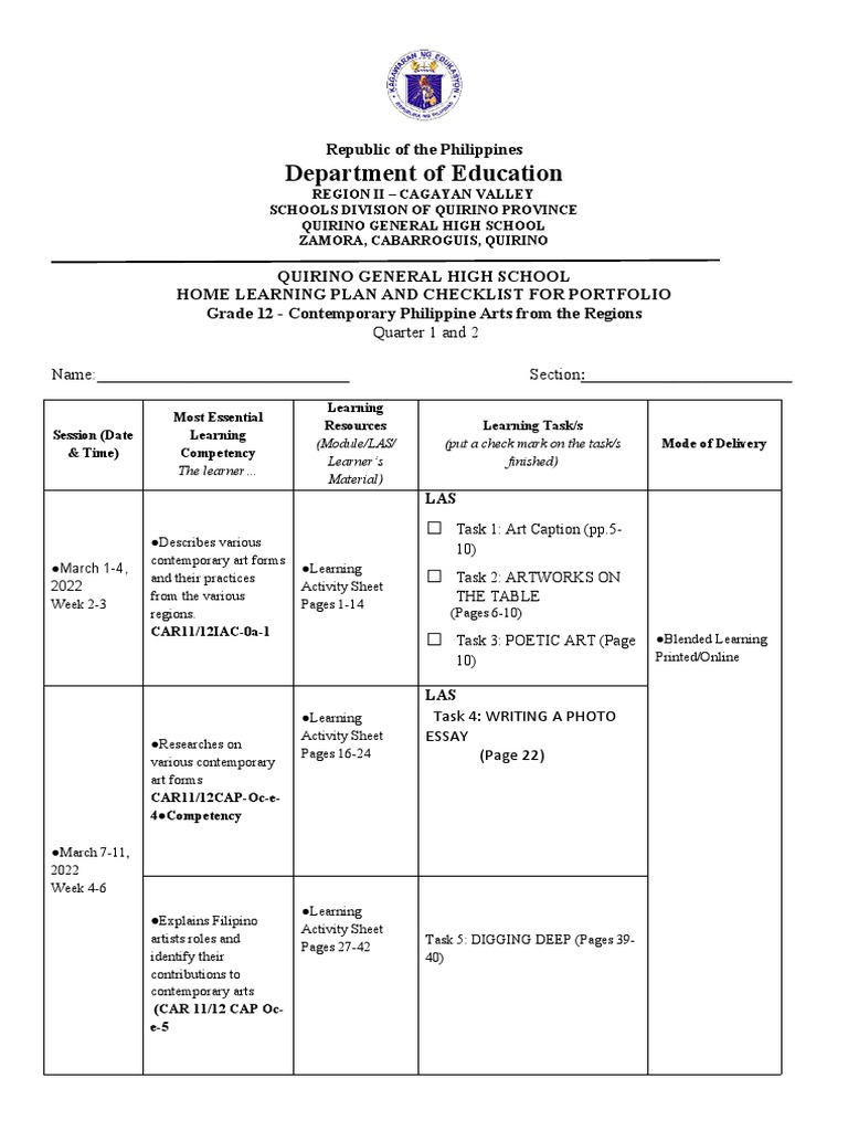 Contemporary Arts Home Learning Plan q1 q2 | PDF | Learning | Behavior Modification