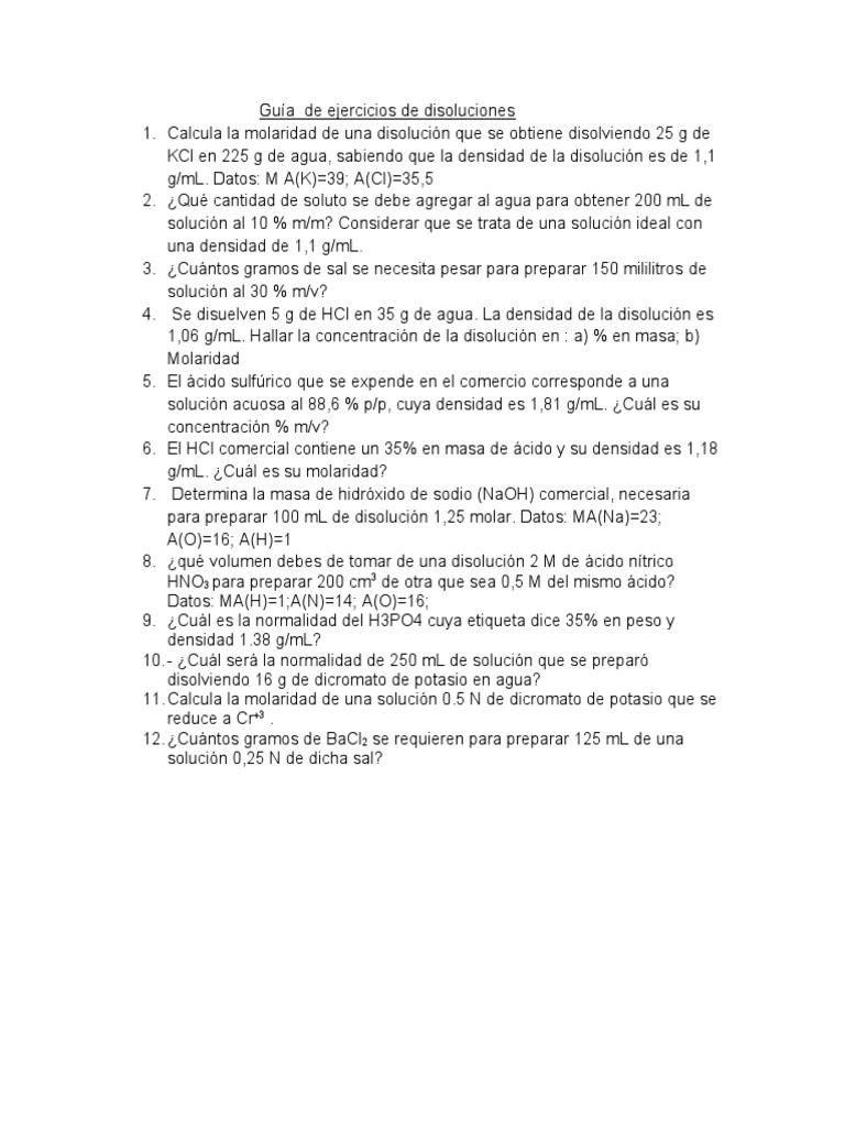 Guía de Ejercicios de Disoluciones | PDF