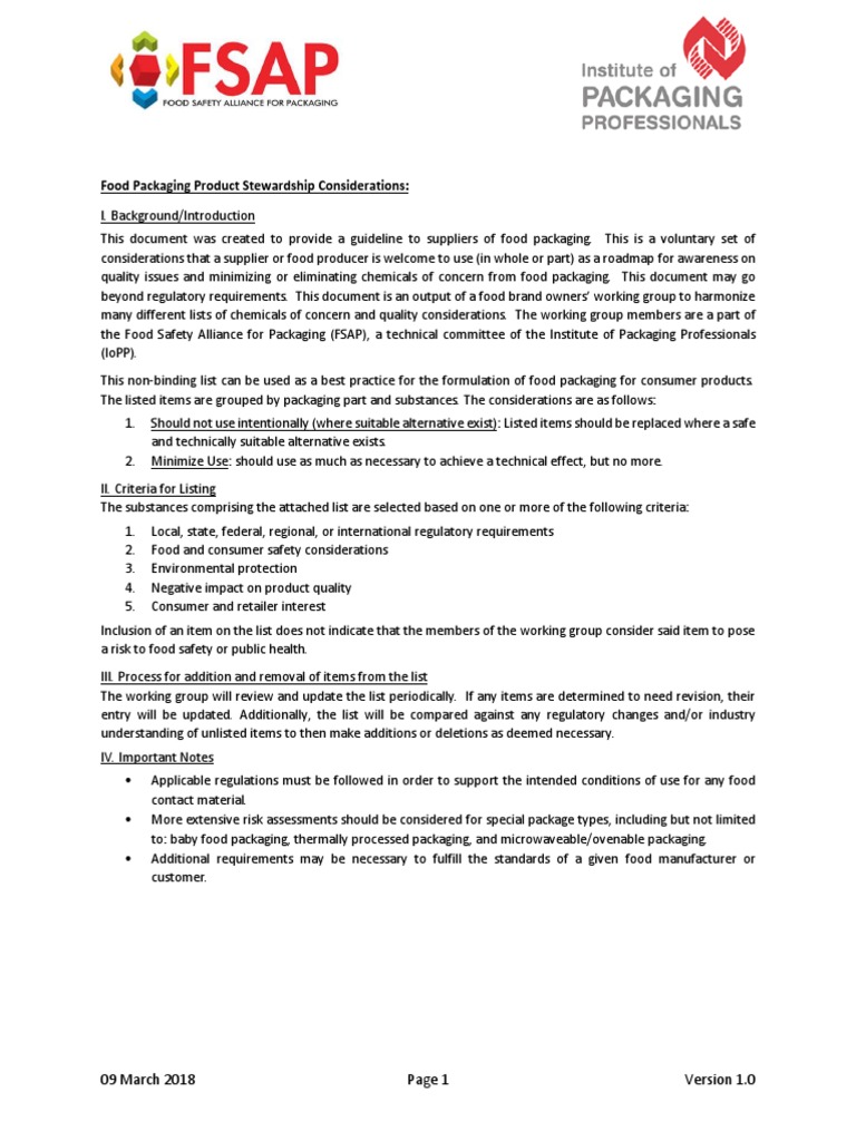 Food Packaging Product Stewardship Considerations FSAP-IoPP v1 - 0 ...