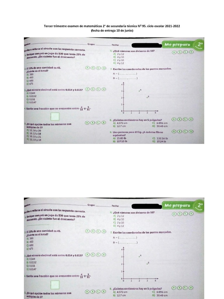 Tercer Trimestre Examen de Matemáticas 2° de Secundaria Técnica #95 ...
