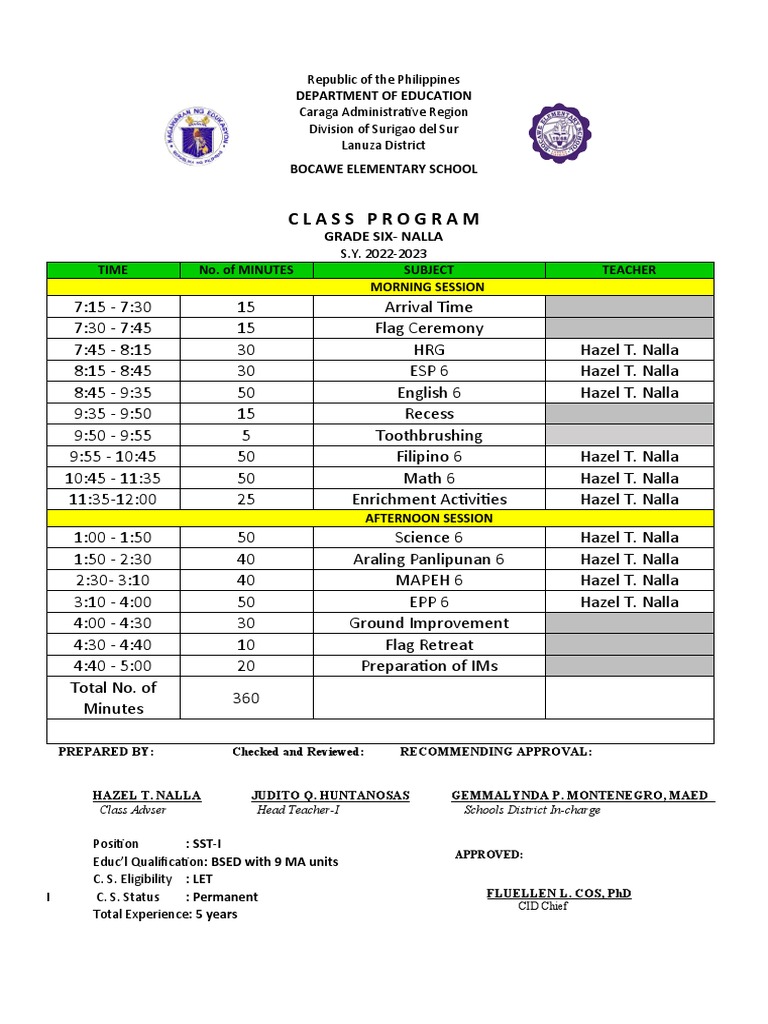 Class Program 2022-2023-Grade-6 | PDF