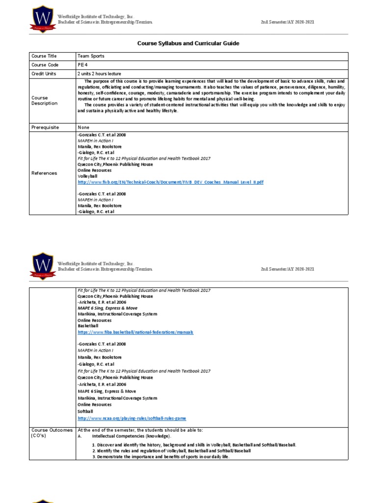 Team Sports Course Syllabus Overview | PDF | Physical Education ...