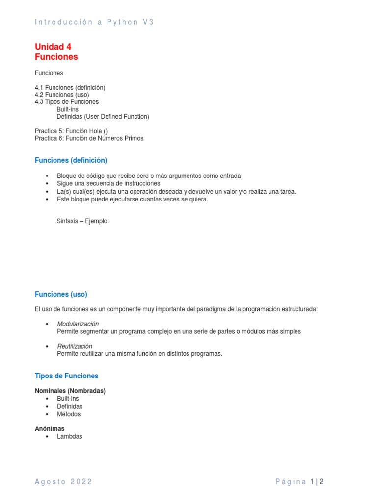 Introduccion A Python Unidad 4a Funciones | PDF