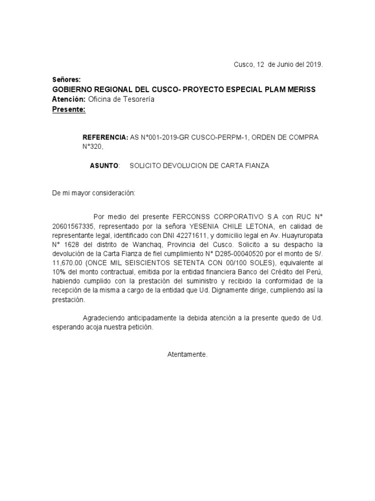 Devolucion de Carta Fianza | PDF