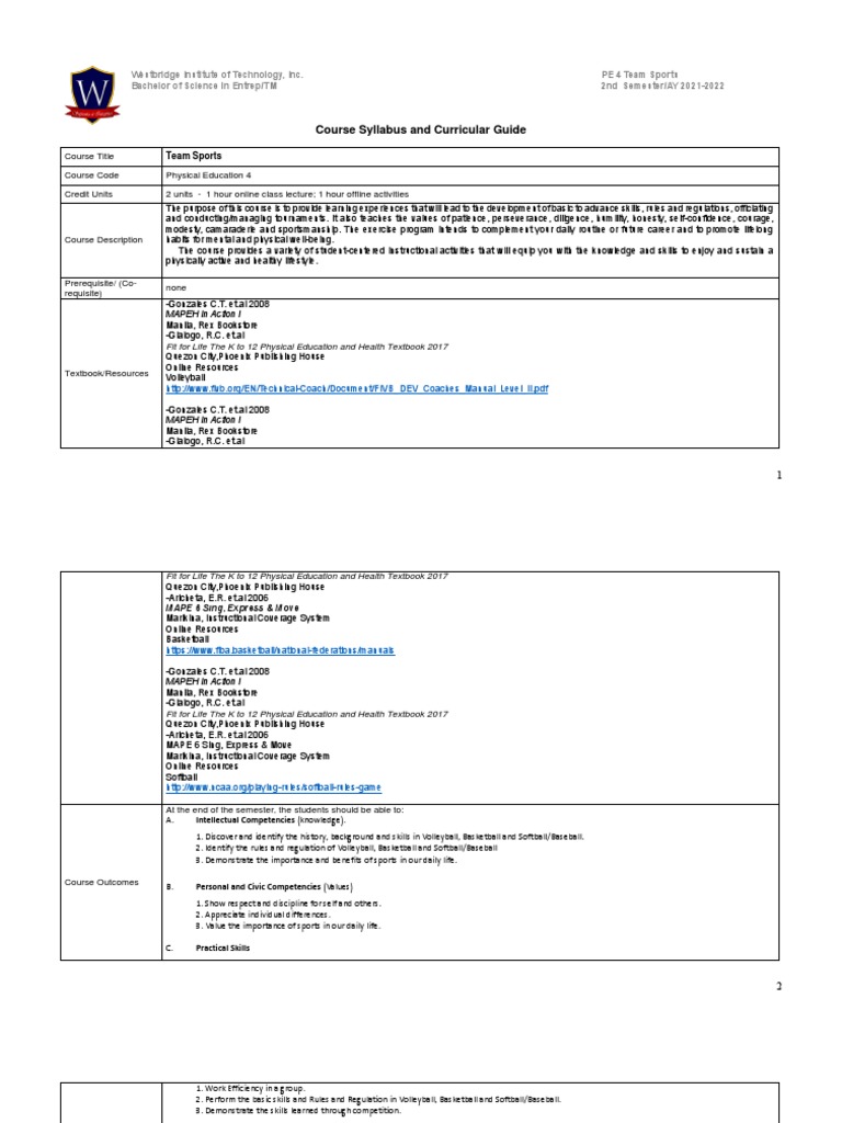 PE4 Team Sports SYLLABUS For Entrep and TM | PDF | Lecture | Physical ...