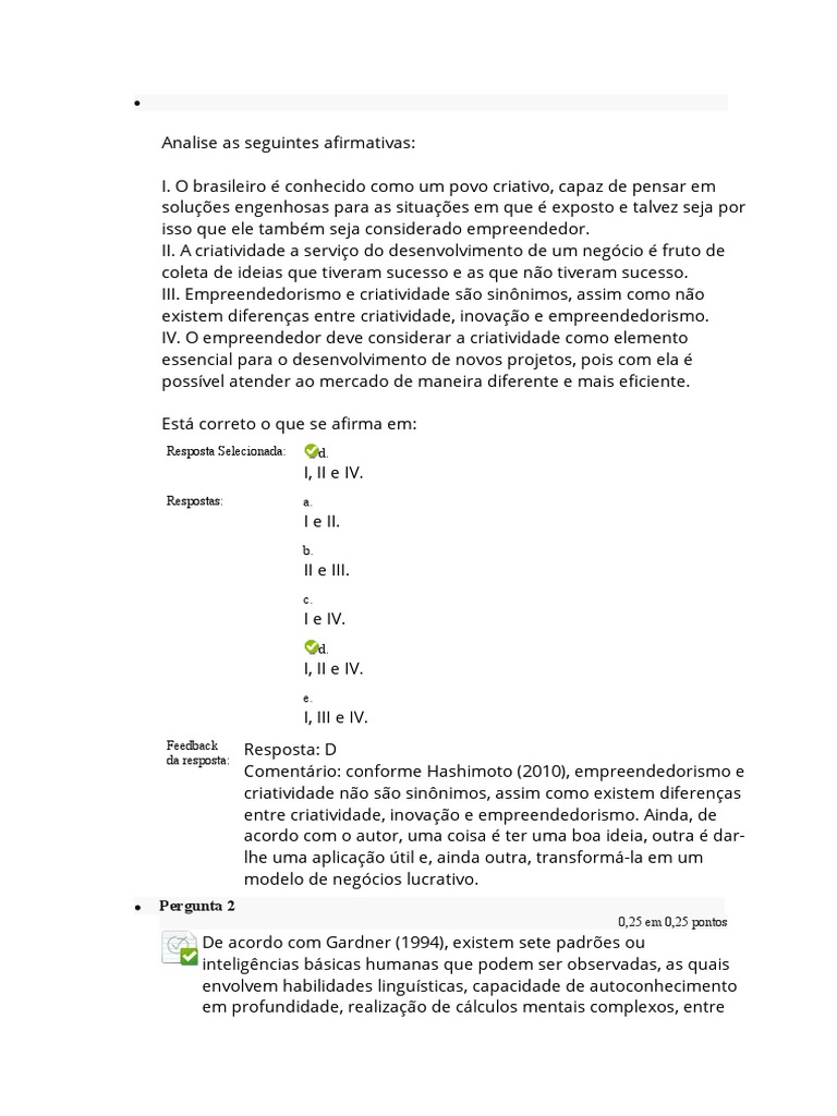 Questionario Unidade 3 | PDF | Criatividade | Empreendedorismo