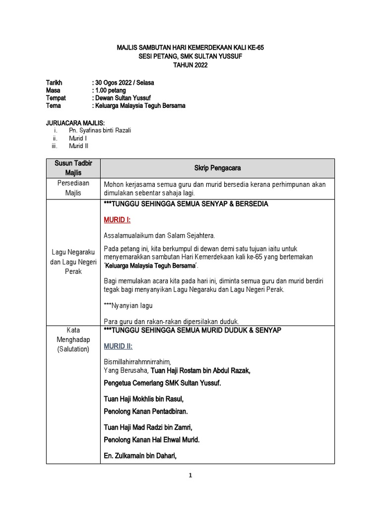 Teks Pengacara Majlis Sambutan Hari Kemerdekaan 2022 | PDF