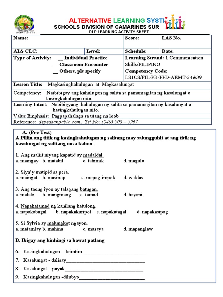 LAS - LS1 - Magkasingkahulugan at Magkasalungat | PDF