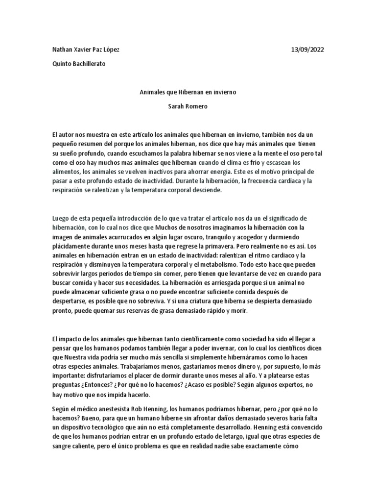 Animales que Hibernan en Invierno | PDF | Dormir