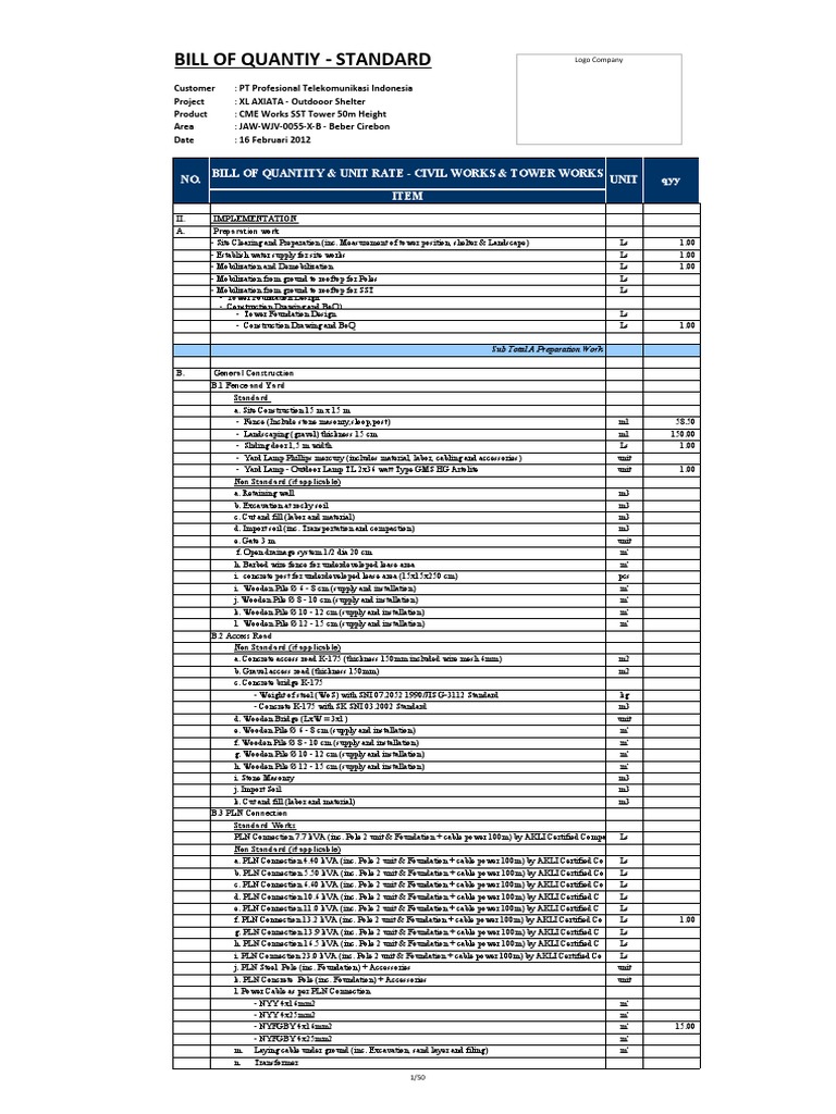Bill of Quantity for XL AXIATA Project | PDF | Deep Foundation ...