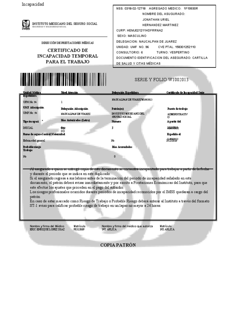 Certificado de Incapacidad Temporal IMSS | PDF | Ciencias de la Salud