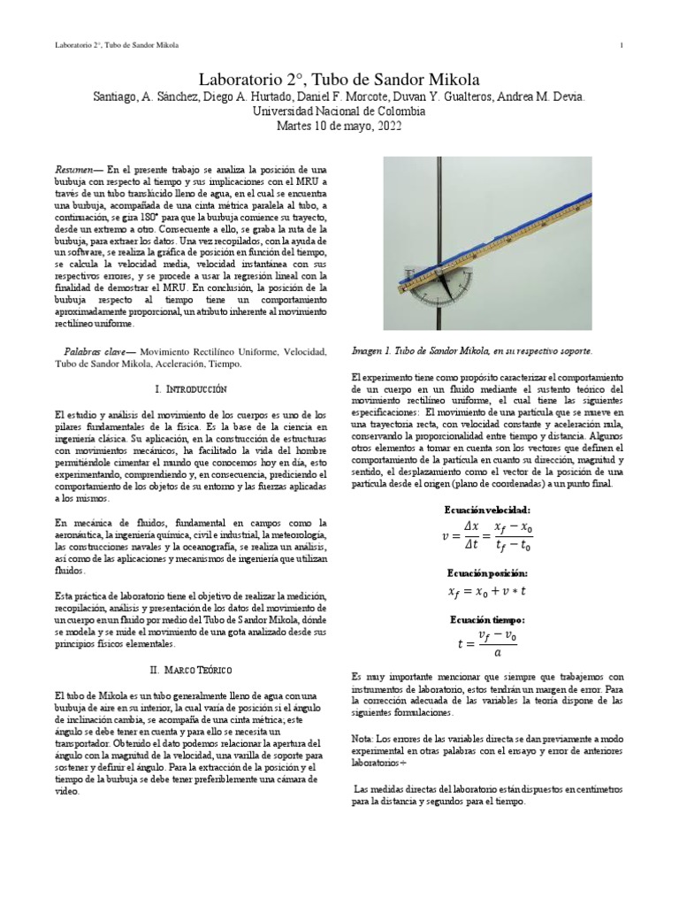 INFORME LABORATORIO 2. Tubo de Sándor Mikola. MRU. 2022 | PDF ...