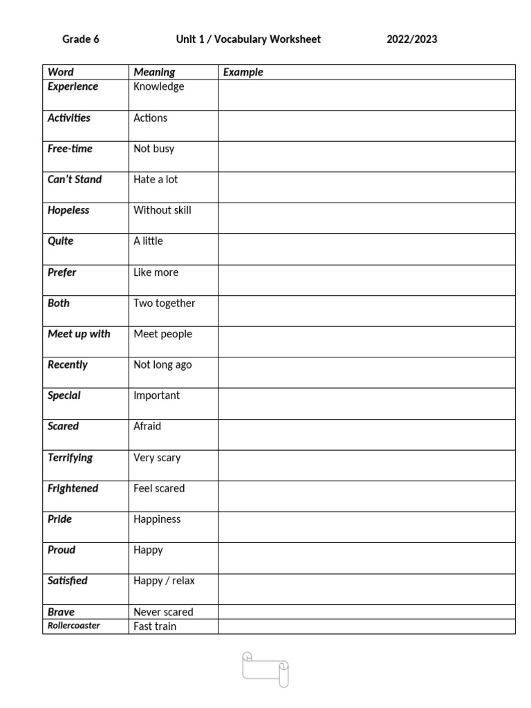 Grade 6 Vocabulary Worksheet Unit 1 | PDF